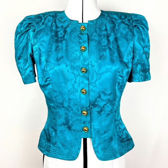 Maggy London | Tops | Vintage Maggy London Turquoise Puff Sleeve Button Up Silk Jacquard Blouse ...